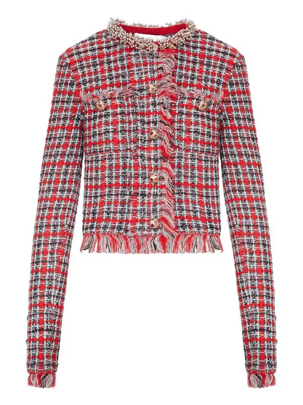 SELF-PORTRAIT Tweed Short Jacket With Jewel Collar - Multicolor