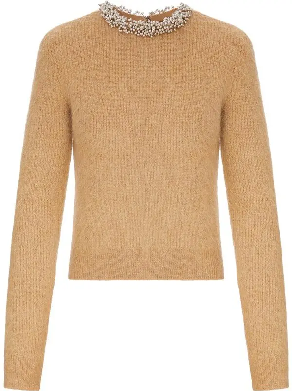 SELF-PORTRAIT Alpaca Blend Sweater With Jewel Collar - Brown