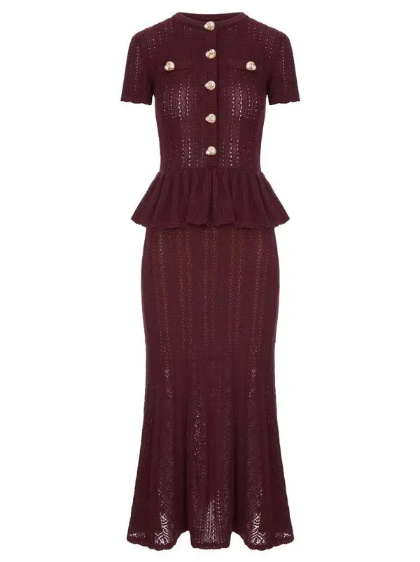 SELF-PORTRAIT Long Dress In Openwork Knit With Peplum And Jewel Buttons - Multicolor