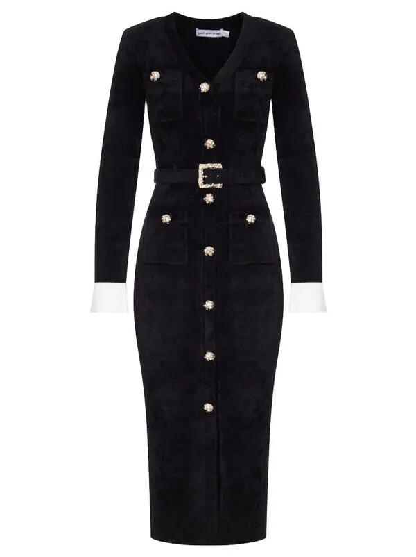 SELF-PORTRAIT Velvet Midi Dress With Jewel Buttons And Belt - Black