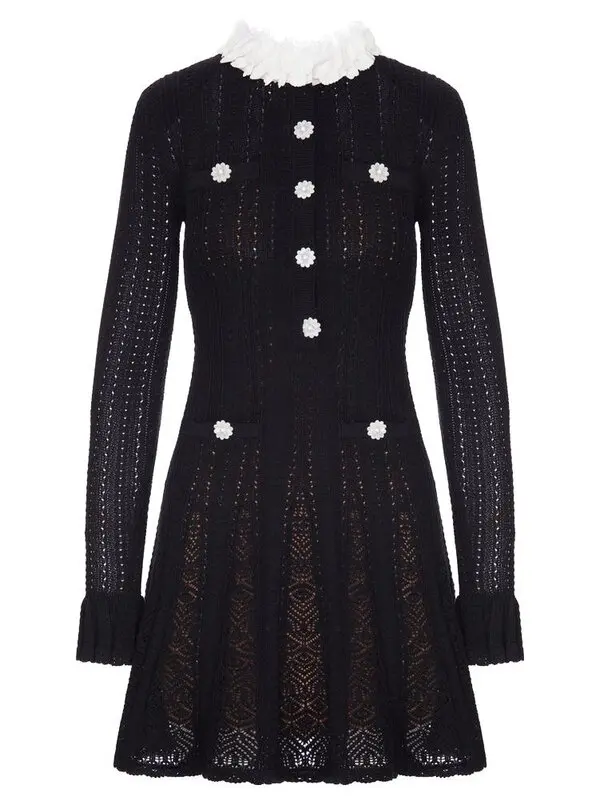 SELF-PORTRAIT Short Dress In Openwork Knit With Floral Collar And Jewel Buttons - Black