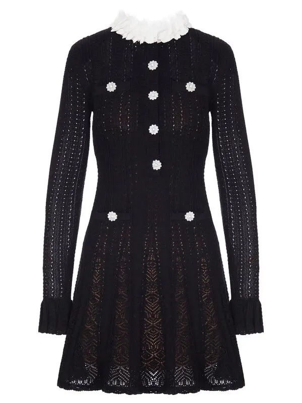 SELF-PORTRAIT Short Dress In Openwork Knit With Floral Collar And Jewel Buttons - Black