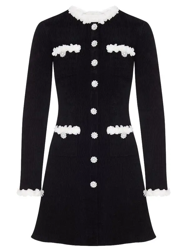 SELF-PORTRAIT Short Ribbed Knit Dress With Floral Profiles And Jewel Buttons - Black