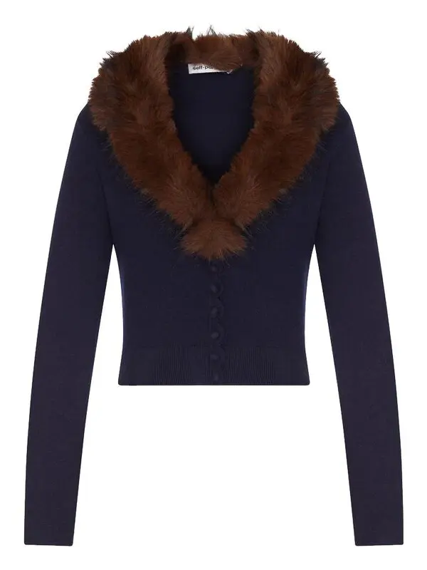 SELF-PORTRAIT Short Knit Cardigan With Faux Fur Collar - Blue