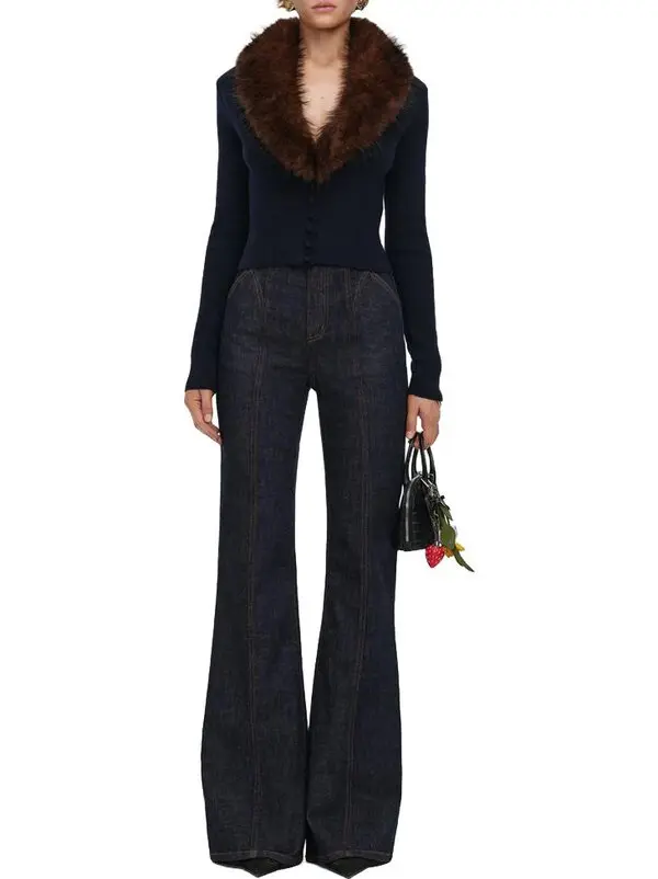 SELF-PORTRAIT Short Knit Cardigan With Faux Fur Collar - Blue