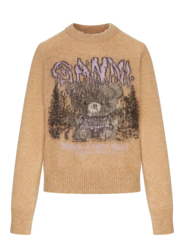 GANNI Crewneck Knit Sweater With Front Graphic Intarsia - Brown