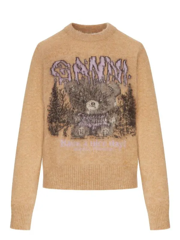 GANNI Crewneck Knit Sweater With Front Graphic Intarsia - Tan
