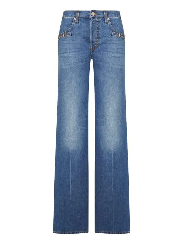 Gucci Cotton Denim Bootcut Trousers With Horsebit Detail - Blue