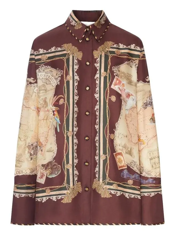 Zimmermann Printed Satin Shirt With A Scarf Motif - Brown