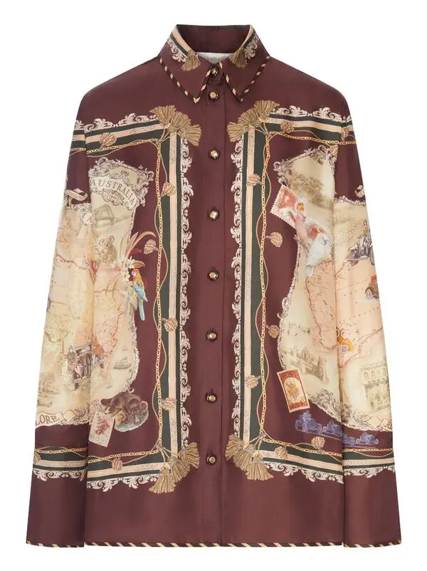 Zimmermann Printed Satin Shirt With A Scarf Motif - Brown