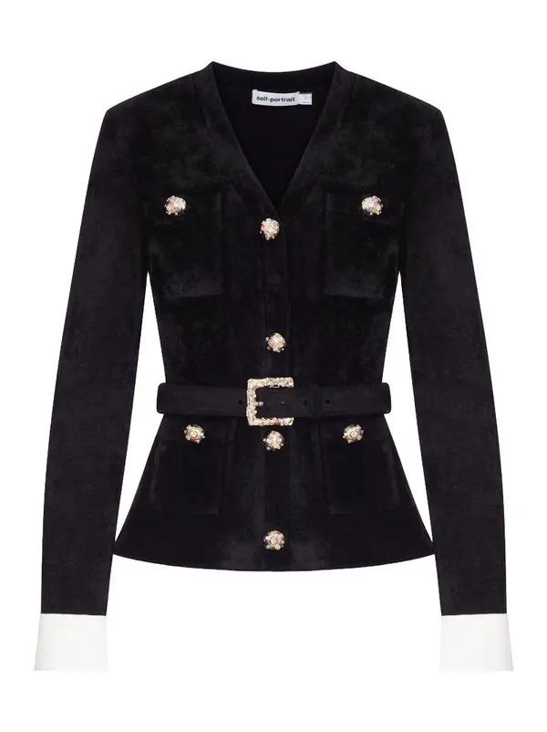 SELF-PORTRAIT Velvet Jacket With Jewel Buttons And Belt - Black