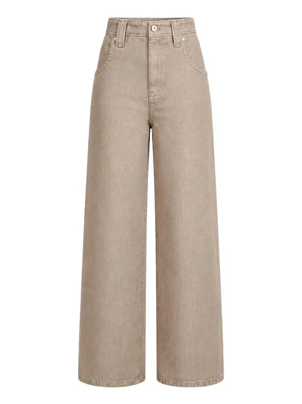 Brunello Cucinelli Beige Lamé Denim Baggy Trousers With Embellishment - Cream
