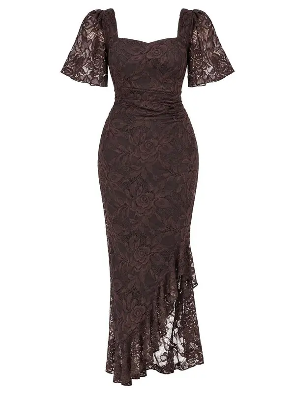 GIRL IN MIND Heidi Lace Ruched Midi Dress - Brown
