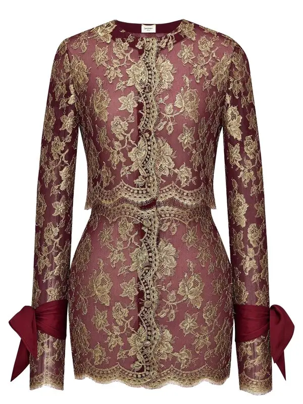 Saint Laurent Pepin Mini Dress In Metallic Lace - Red