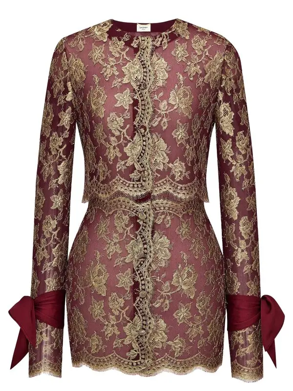 Saint Laurent Pepin Mini Dress In Metallic Lace - Red