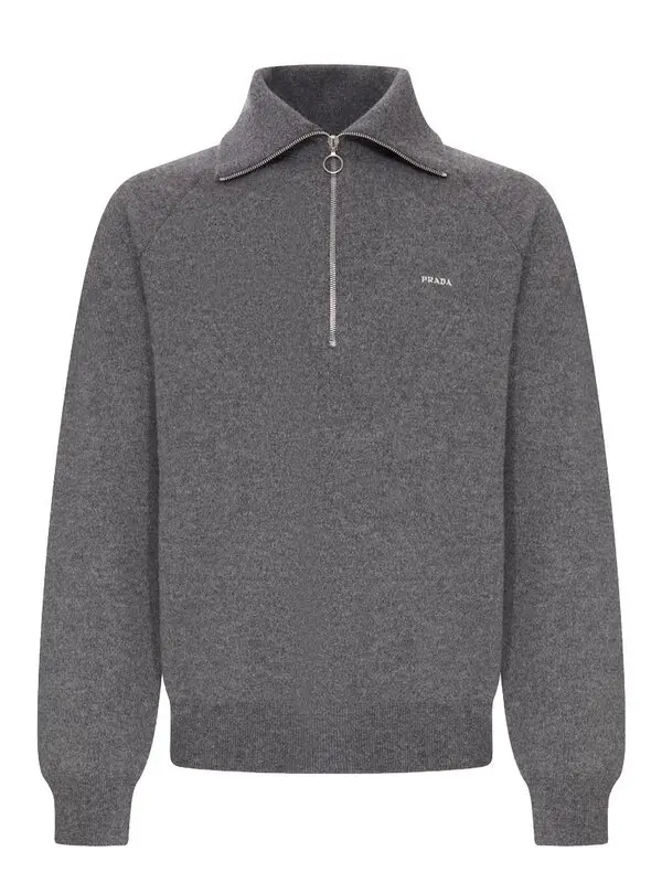 Prada Knitted Polo Shirt With Logo - Grey