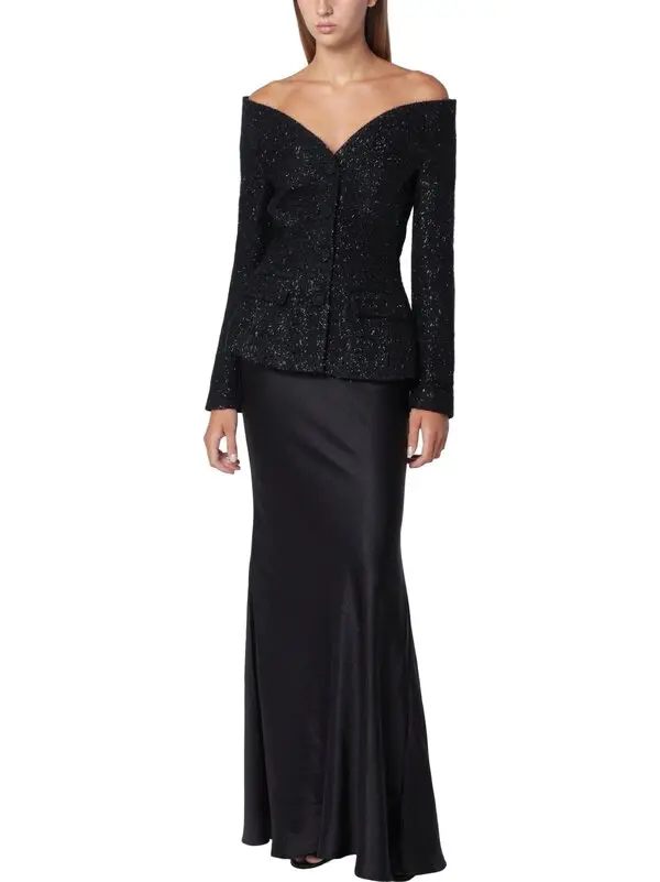 SELF-PORTRAIT Long Dress In Metallic Boucle Satin - Black