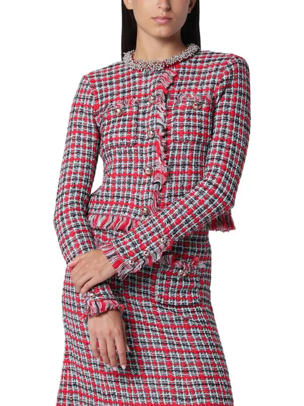 SELF-PORTRAIT Fringed Checked Knit Jacket - Red
