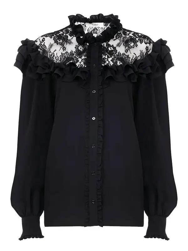 Chloé Blusa A Collo Alto Con Volant In Crêpe De Chine E Pizzo - Black