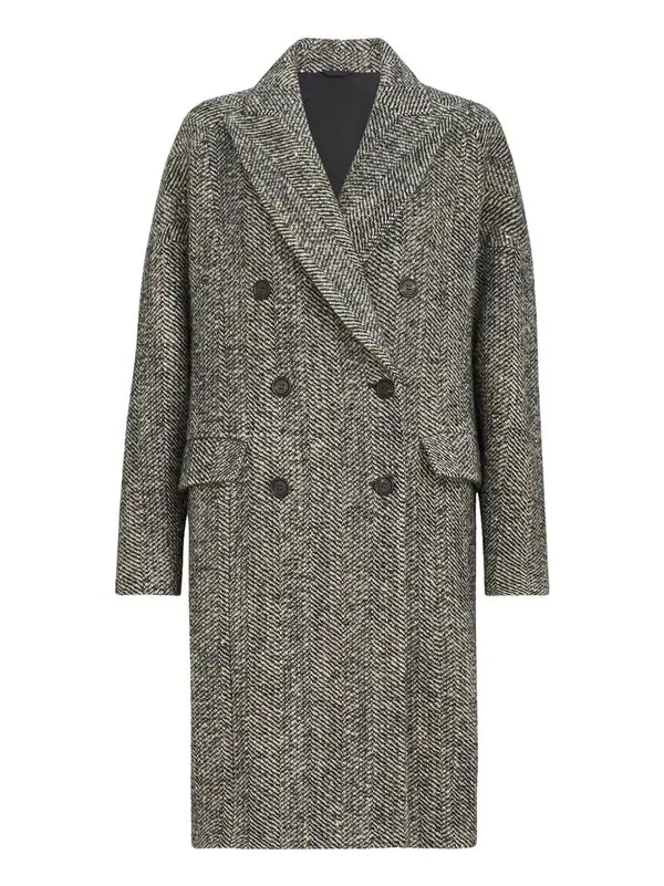 Brunello Cucinelli Cappotto In Chevron Dazzling Di Lana Vergine E Alpaca Con Monile - Gray
