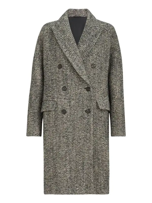 Brunello Cucinelli Cappotto In Chevron Dazzling Di Lana Vergine E Alpaca Con Monile - Gray