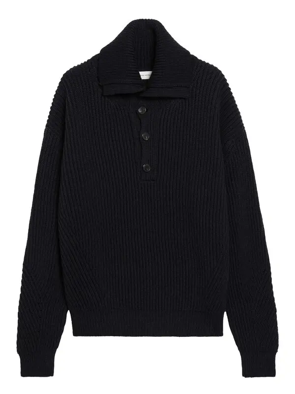 Dries Van Noten Navy Ribbed Sweater In Wool - Blue