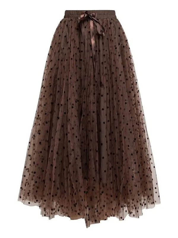 TANTRA SPAIN SL Polka-dot Tulle Midi Skirt, A-line Cut, Elastic Waistband With A Bow - Brown