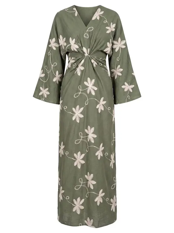 TANTRA SPAIN SL Dress With Draping At The Waist And Bust And Embroidered Flowers Kakhi - Green