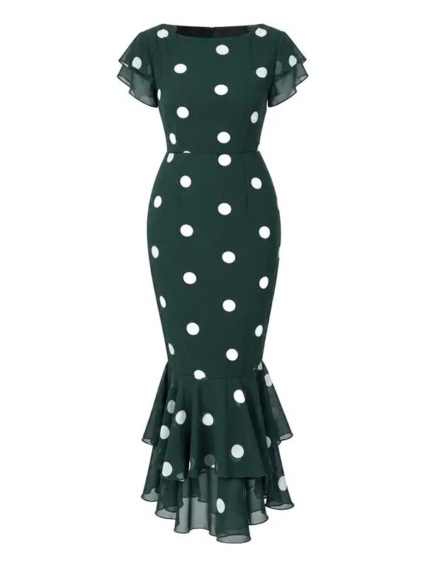 GIRL IN MIND Roxy Boat Neck Frill Midi Spot - Green