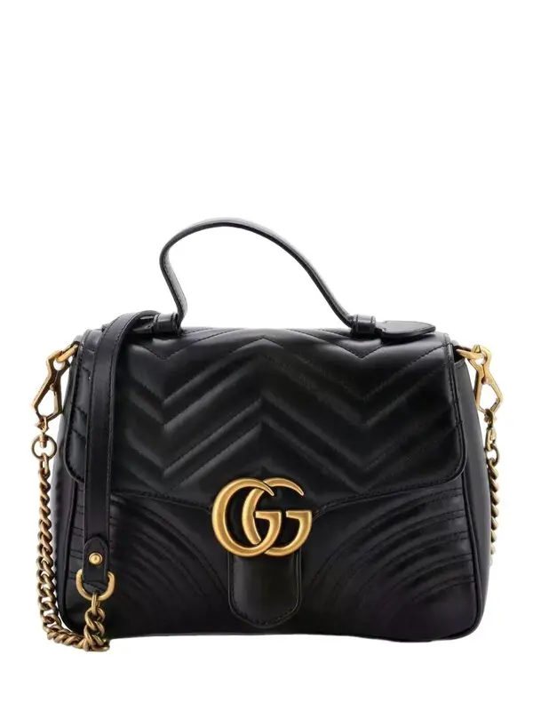 Gucci Gg Marmont Top Handle Flap Bag Matelasse Leather Small Satchel - Black