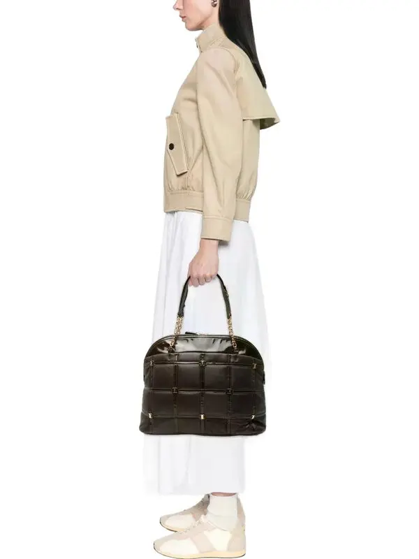 FERRAGAMO 2000-2010 Quilted Calfskin And Patent Grid Dome Tote Bag - Brown