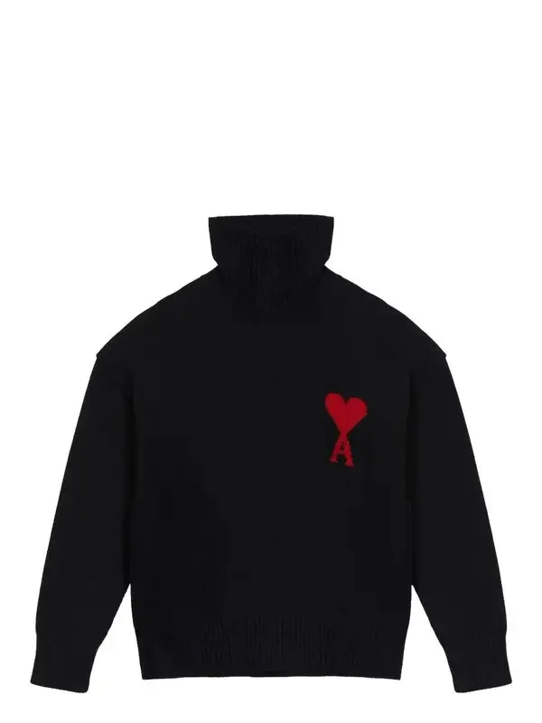 AMI Paris Funell-neck Wool Sweater With De Coeur - Black