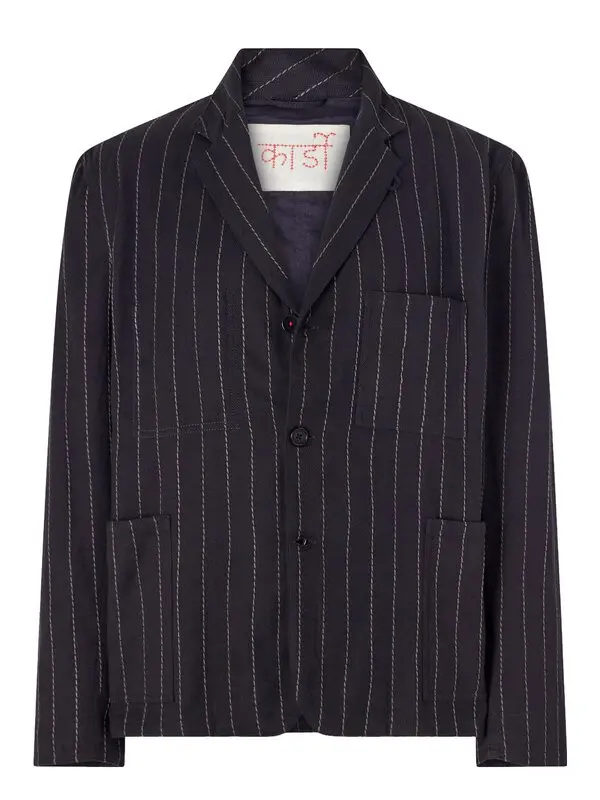 KARDO Somesh Embroidered Striped Herringbone Cotton Suit Jacket - Blue
