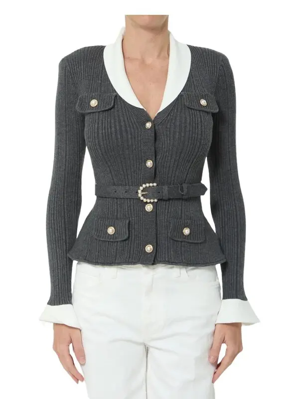 SELF-PORTRAIT Ribbed-knit Cardigan With A Cinched Waist - Dark Grey