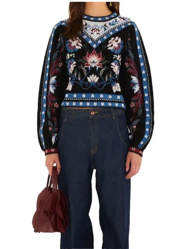 Farm Rio Floral Intarsia Knitted Sweater - Black
