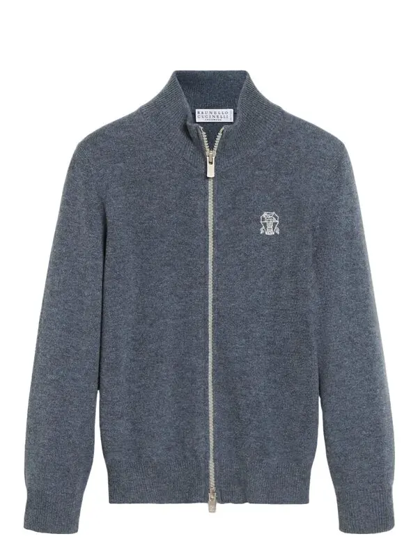 Brunello Cucinelli Cashmere Cardigan With Zipper And Logo - Sky-blue