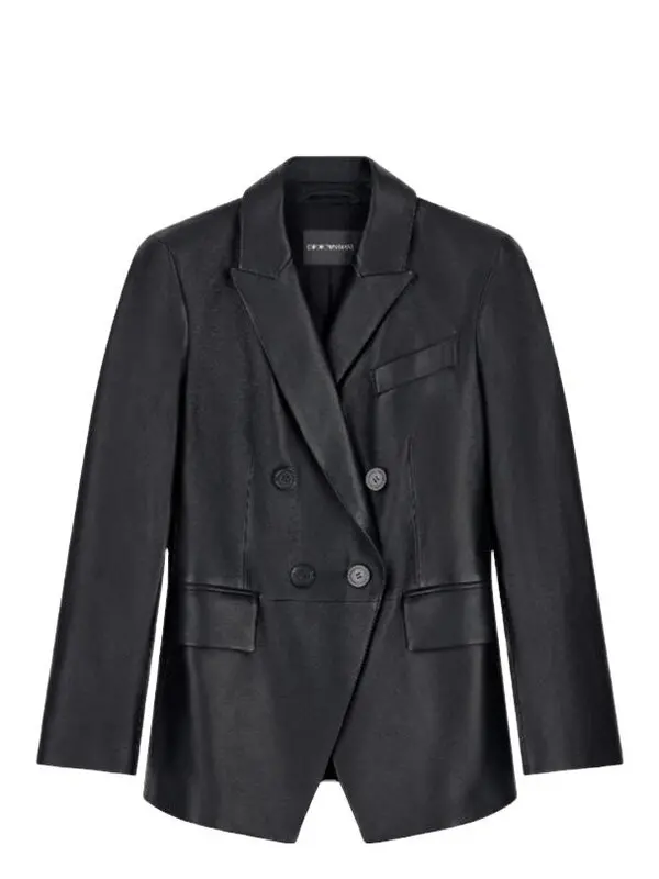 Emporio Armani Slim-fit Double-breasted Blazer In Semi-glossy Leather - Black