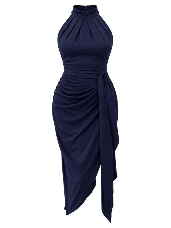 GIRL IN MIND Priya Tie Waist Halter Neck Midi Dress Navy - Blue