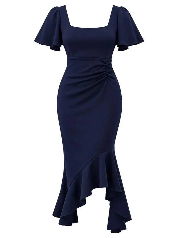 GIRL IN MIND Leona Square Neck Frill Midi Dress Navy - Blue