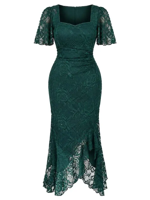 GIRL IN MIND Heidi Lace Ruched Midi Dress - Green