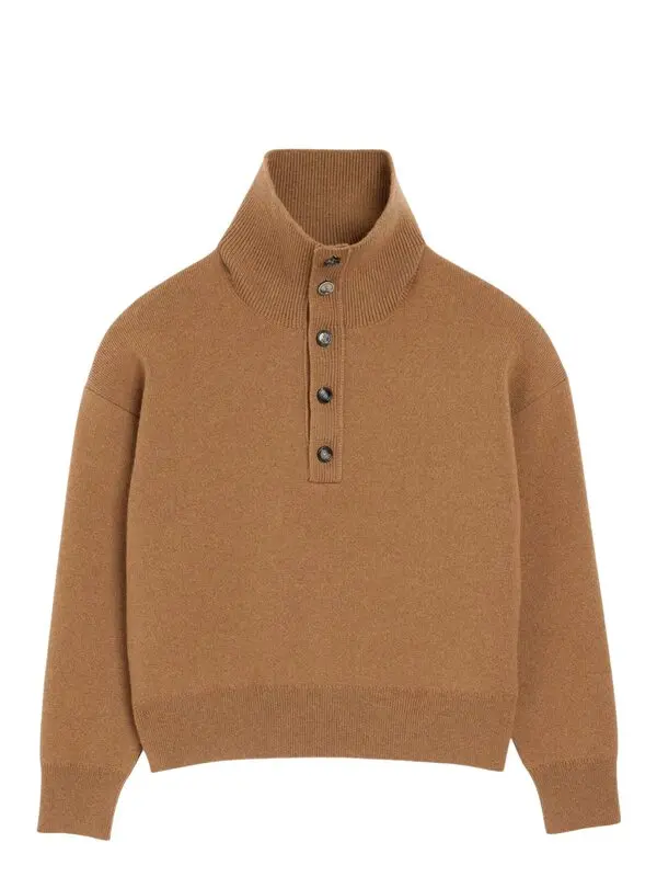 AMI Paris High Buttoned Collar Sweater - Camel