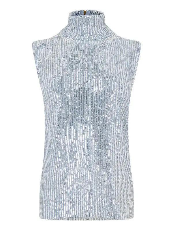 Gucci Sequinstriped Turtleneck Sleeveless Top - Gray