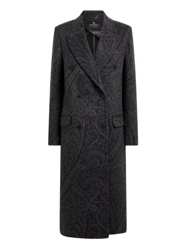 Etro Double-breasted Wool Jacquard Coat With Paisley Motif - Grey