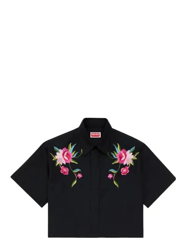 Kenzo Wildflower' Embroidered Short Sleeve Shirt In Cotton Poplin - Black