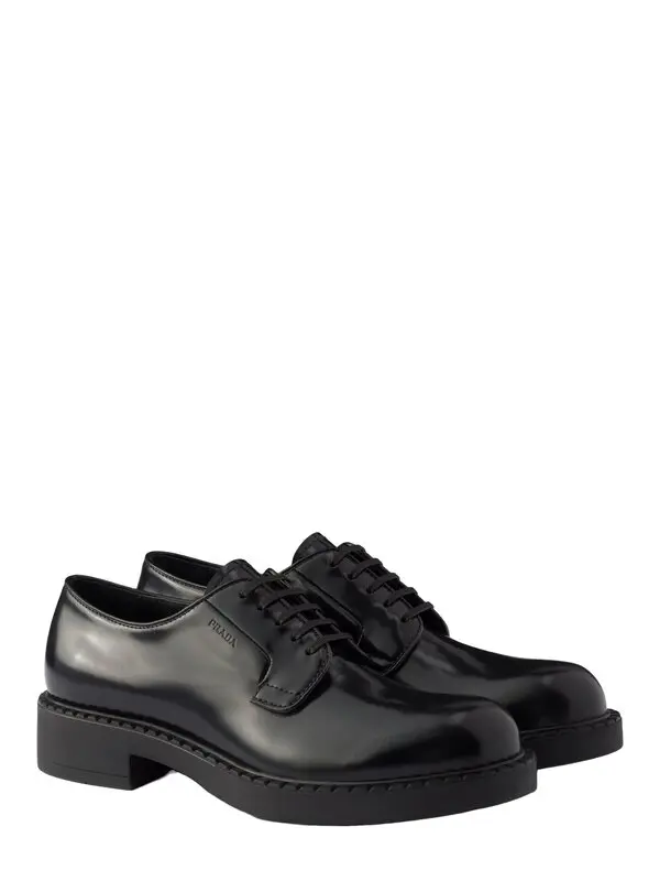 Prada Chocolate Brushed Leather Derby Shoes - Black
