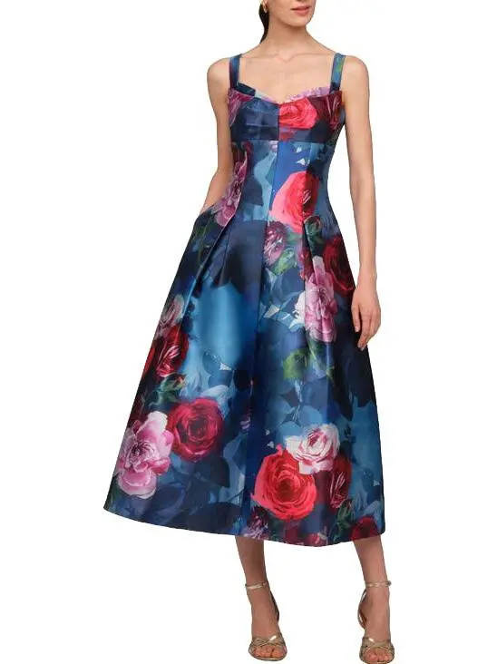 KAY UNGER Adria Floral Pleated Mikado Midi Cocktail Dress - Ink Blue Multi