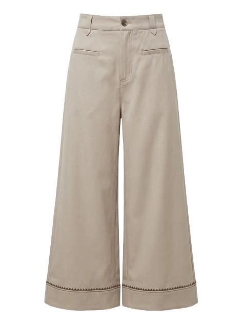 MODENAIRE High Waist Wide Leg Pants With Embroidered Hem And Patch Pockets - Khaki