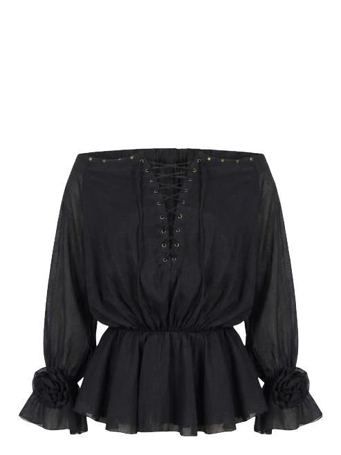 MODENAIRE Elegant Lace-up Peplum Blouse With Long Sleeves - Black