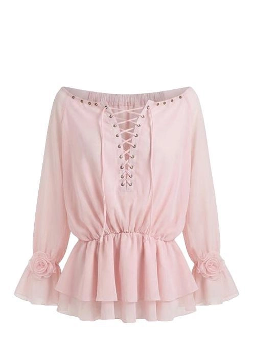 MODENAIRE Elegant Lace-up Peplum Blouse With Long Sleeves - Pink