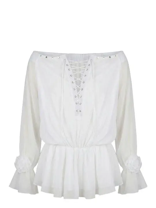 MODENAIRE Elegant Lace-up Peplum Blouse With Long Sleeves - White